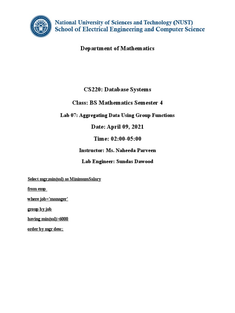 Lab 07 | PDF | Databases | Relational Model Lab 07 | PDF | Databases | Relational Model