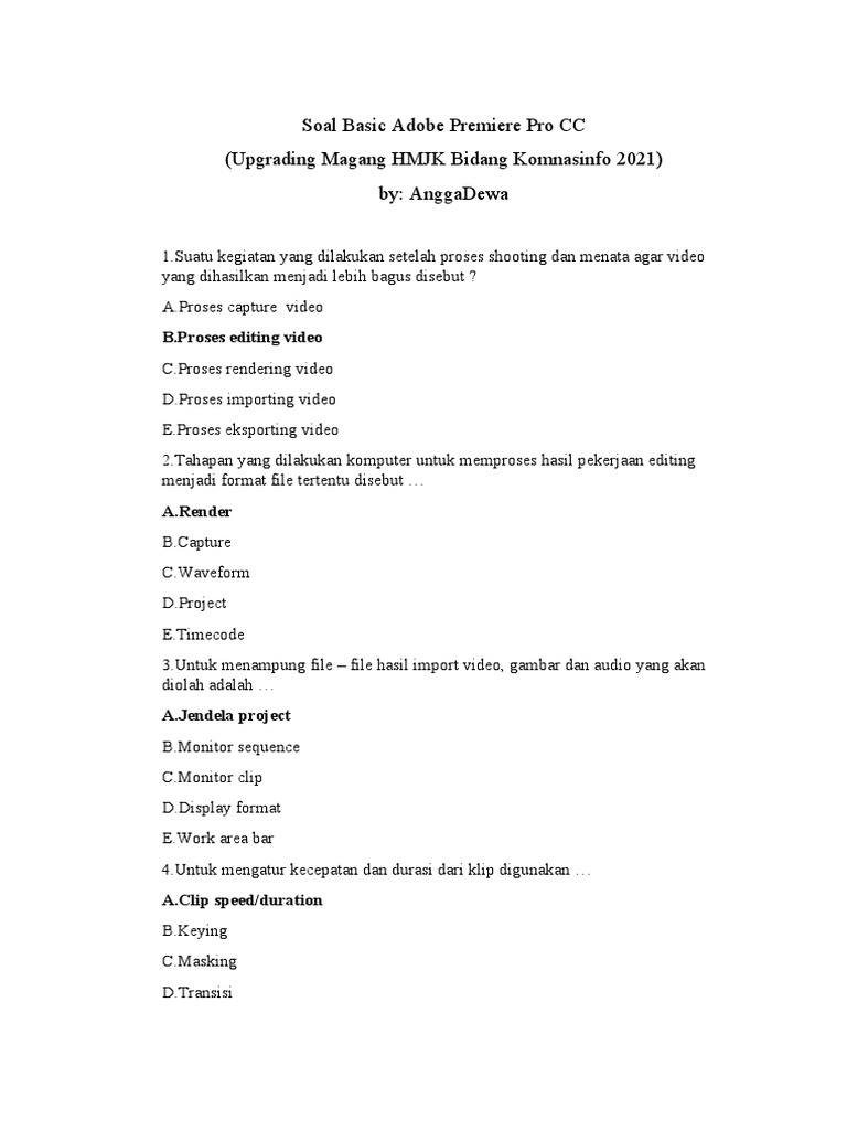 Soal Basic Adobe Premiere Pro CC | PDF