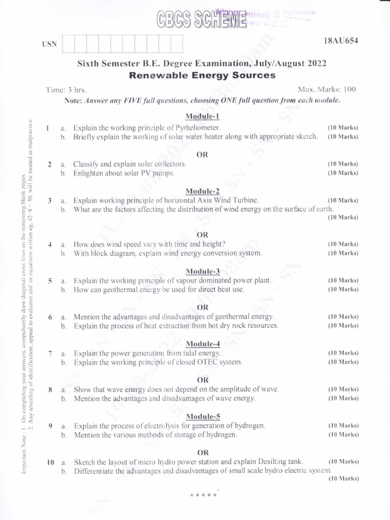 Renewable Energy Sources Previous Question Paper VTU | PDF