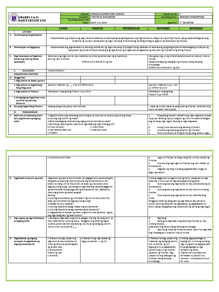 DLL - Araling Panlipunan 5 Klima at Panahon | PDF