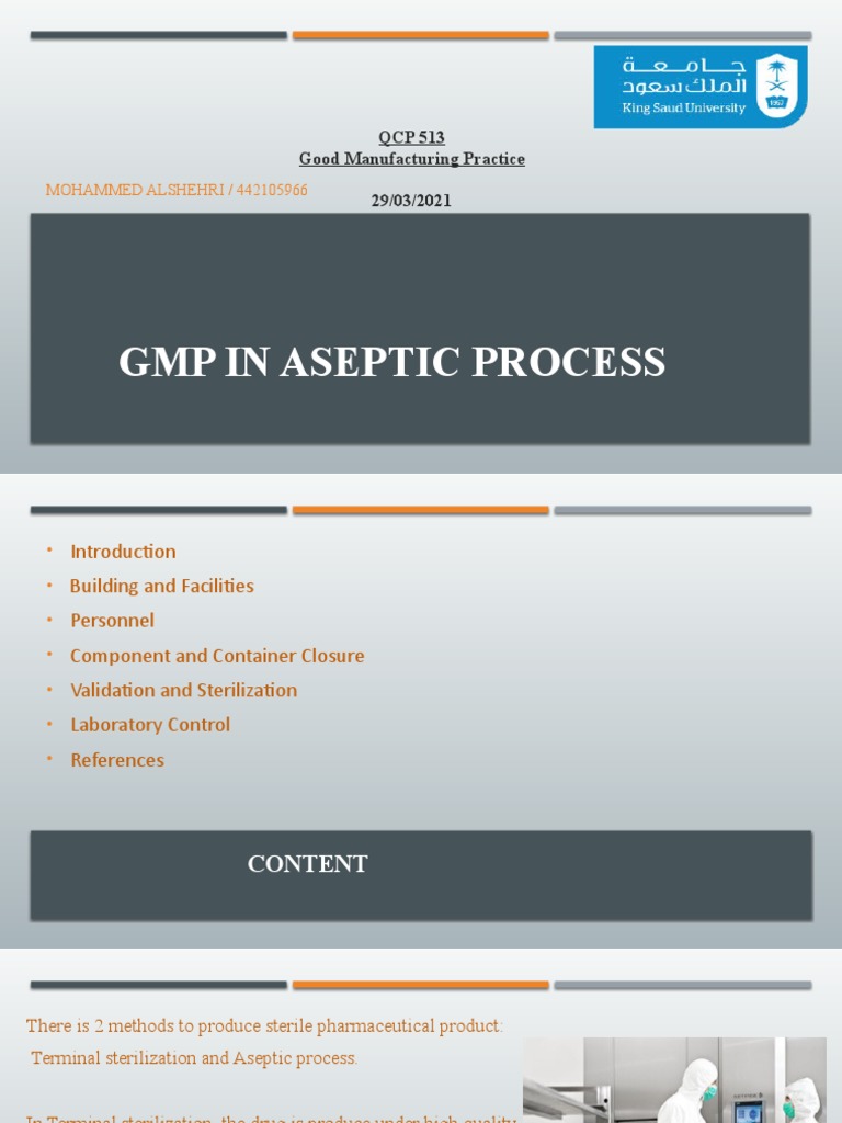 GMP in Aseptic Process Presentation | PDF | Sterilization (Microbiology) | Filtration