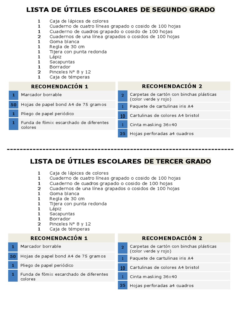 Lista de Útiles 2do y 3ro. 2023-2024 | PDF | Lápiz | Materiales