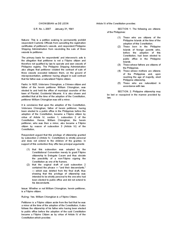 CHIONGBIAN Vs DE LEON GR L-2007 | PDF | Law