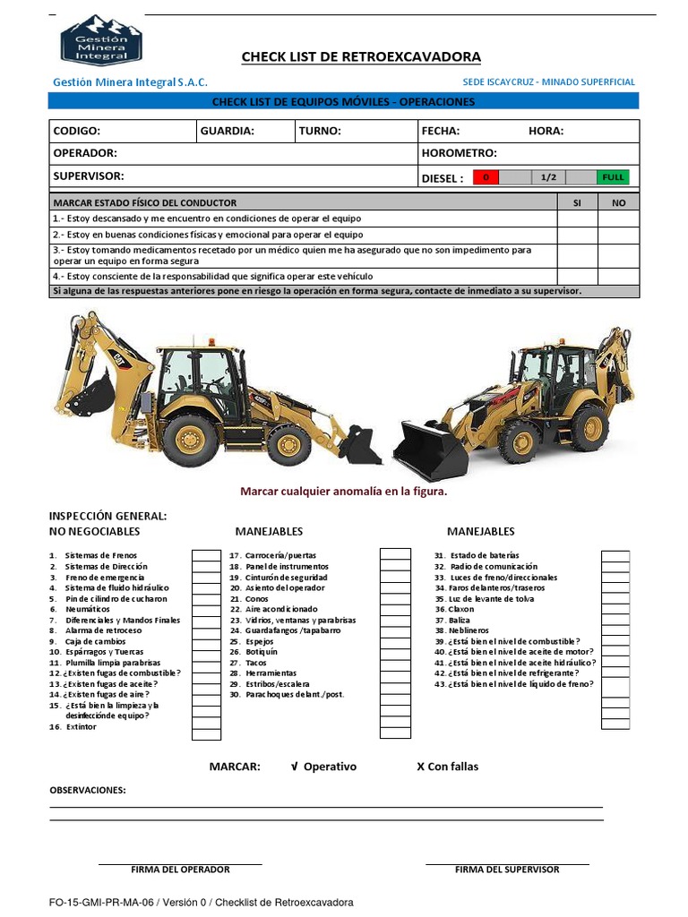 FO 15 GMI PR MA 06 Check List de Retroexcavadora | PDF | Tecnología de ...