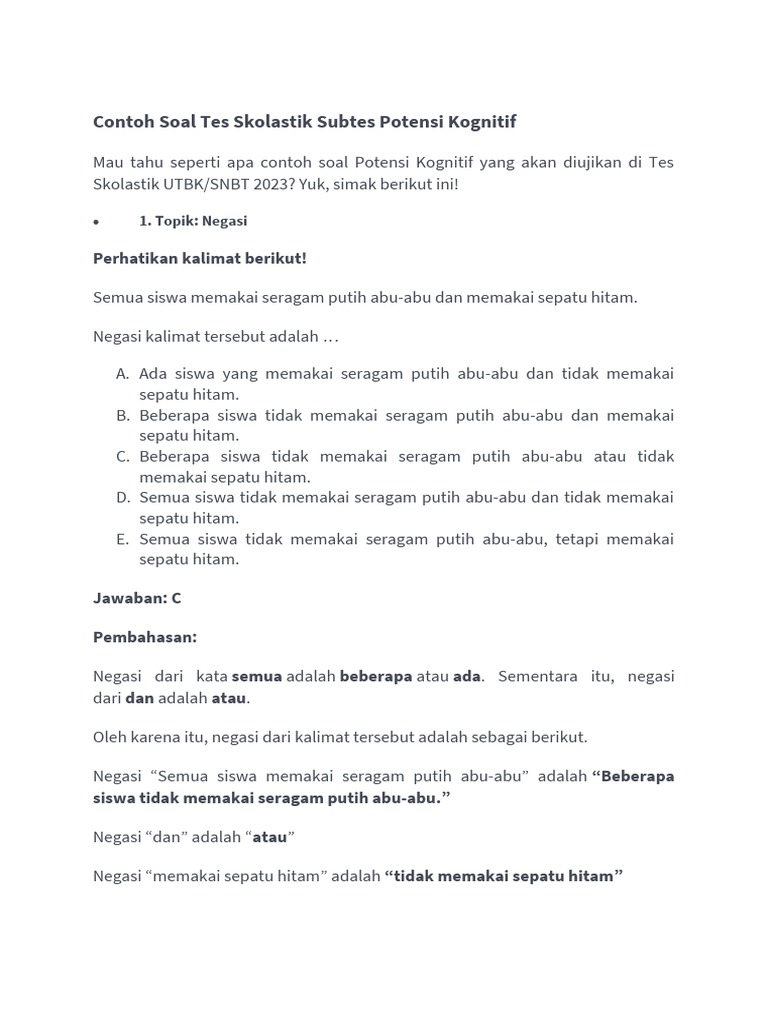 Contoh Soal Tes Skolastik Subtes Potensi Kognitif | PDF