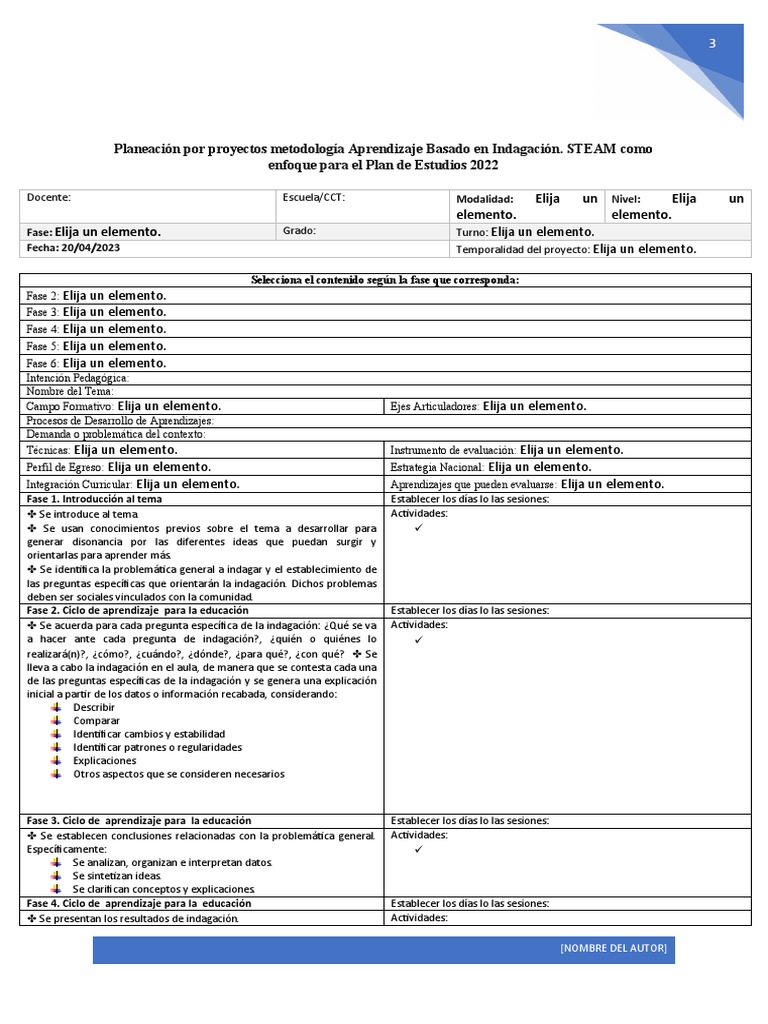 Formato Editable para Planeación Aprendizaje Basado en Indagación. STEAM Como Enfoque | PDF