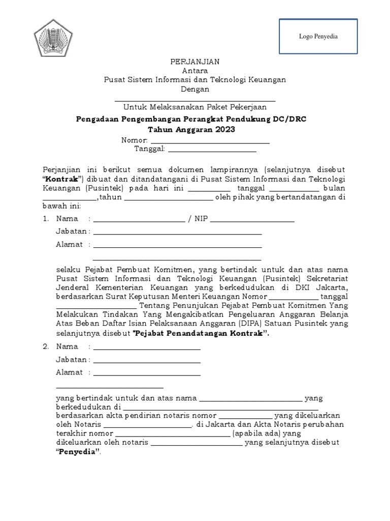 Draft PRJ Kontrak Perangkat Pendukung DCDRC TA 2023v0.1 | PDF | Bisnis ...