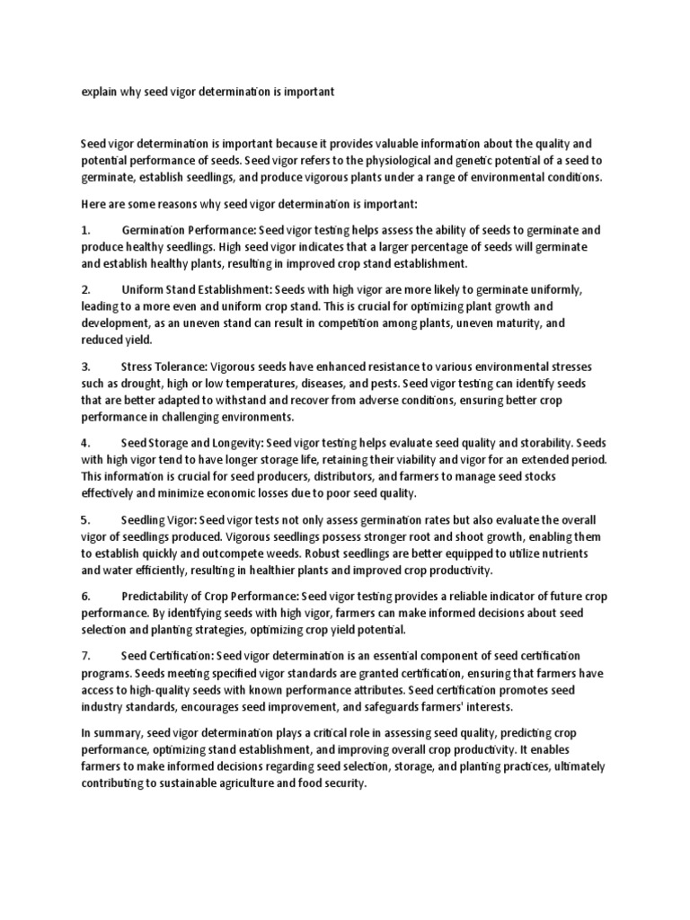 explain why seed vigor determination is important | PDF | Seed ...