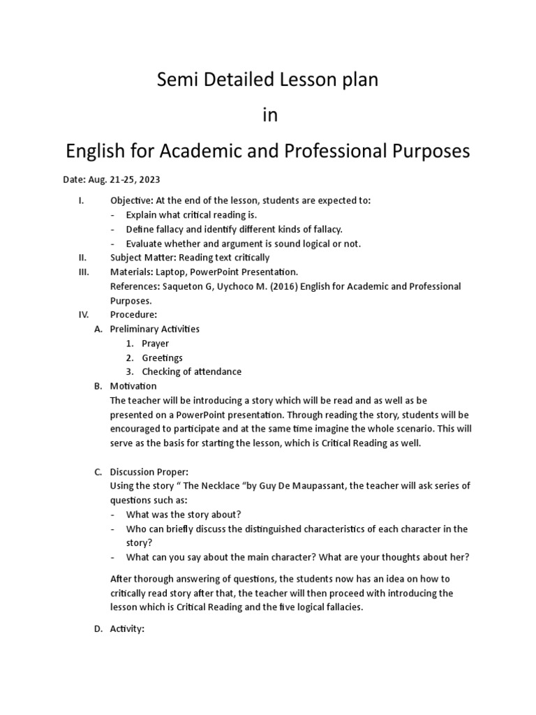 Critical Reading & Fallacies Lesson Plan | PDF | Thought | Lesson Plan