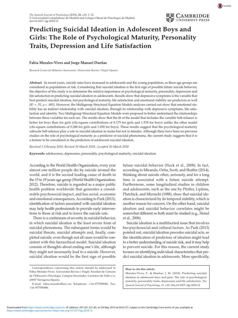 Predicting Suicidal Ideation in Adolescent Boys and Girls: The Role of Psychological Maturity ...
