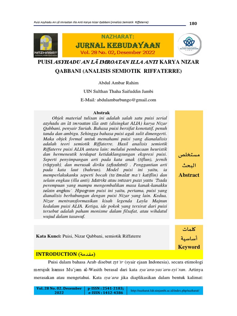 Puisi Asyhadu An La Imroatan Illa Anti Karya Nizar | PDF