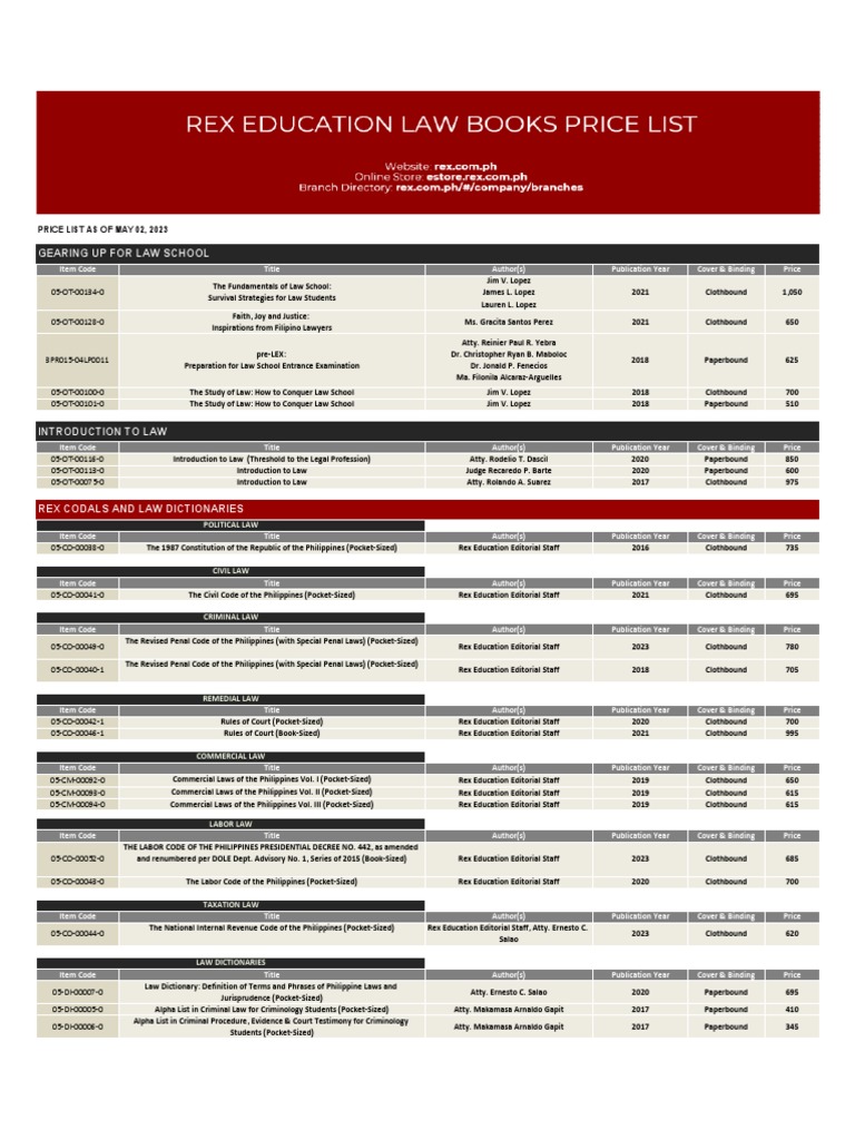 Rex Education REX Book Store Law Books Pricelist 05022023 | PDF