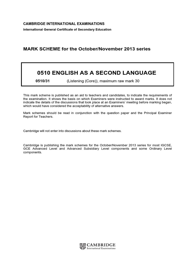 0510 English As A Second Language: MARK SCHEME For The October/November ...