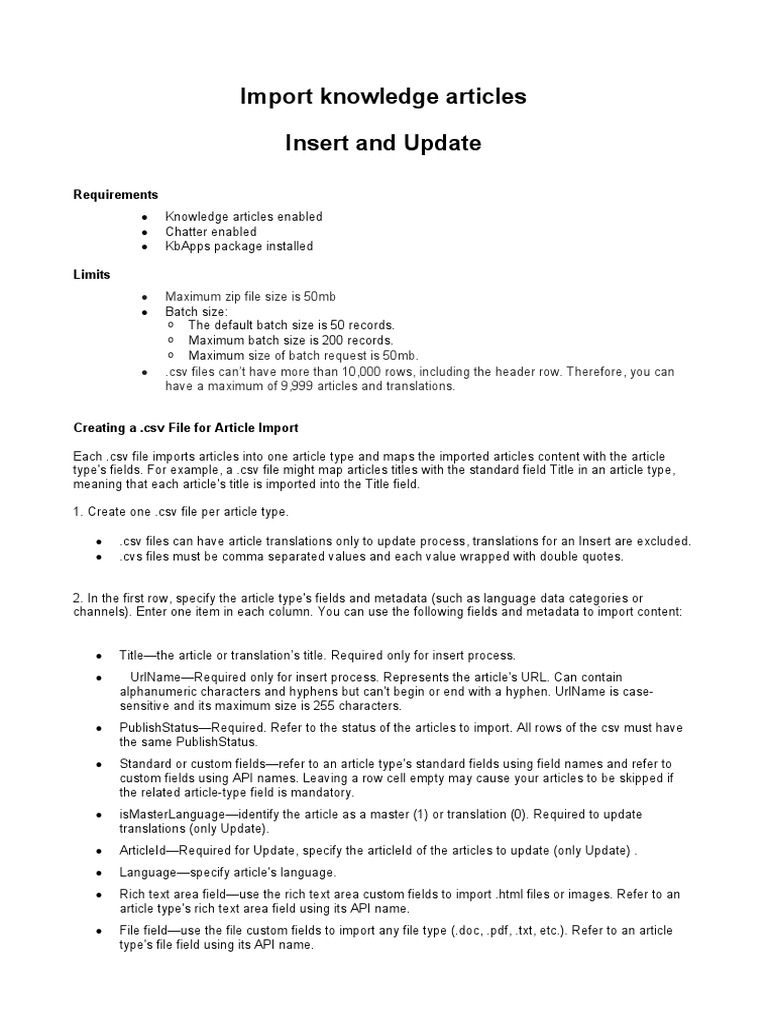 Importing Knowledge Articles Guide | PDF | Comma Separated Values | Computer File