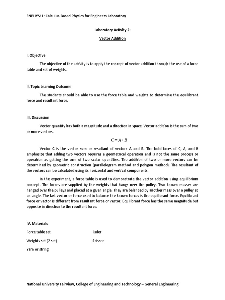 Laboratory Activity 2 ENPHYS1L Vector Addition | PDF | Science & Mathematics