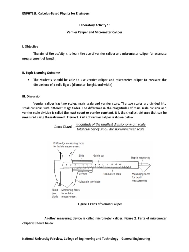 Laboratory Activity 1 ENPHYS1L Vernier Caliper and Micrometer Caliper | PDF