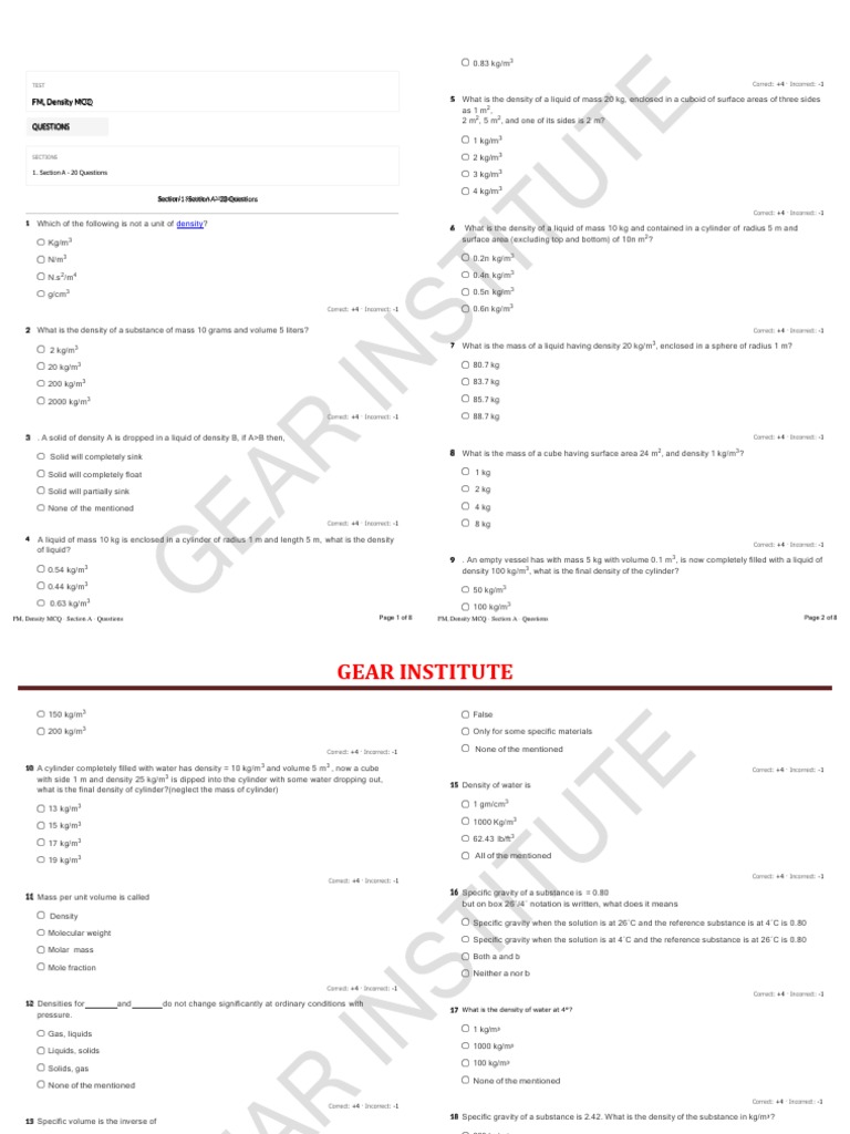 Density MCQ | PDF | Density | Pressure