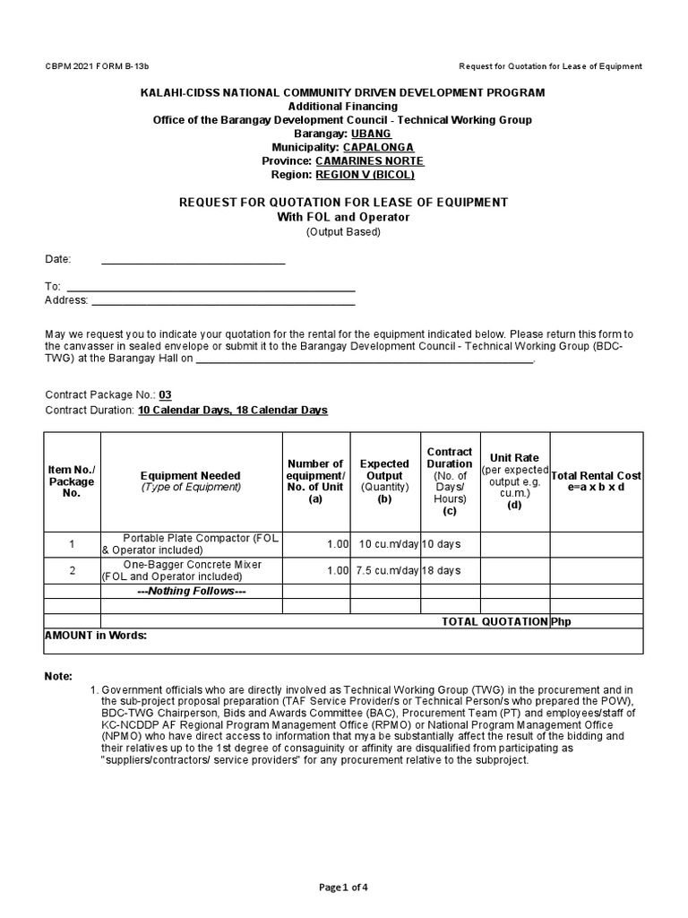 2.request For Quotation - Package 3 (Equipment Rental) | PDF