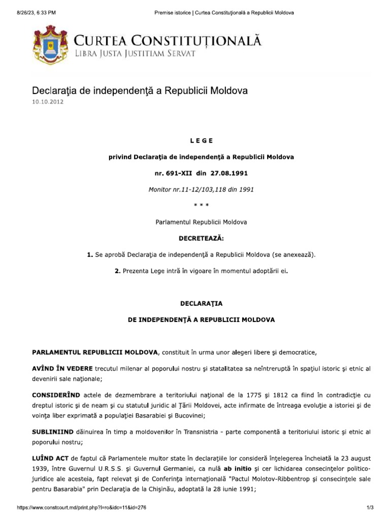 Declaratia de Independenta A Republicii Moldova | PDF