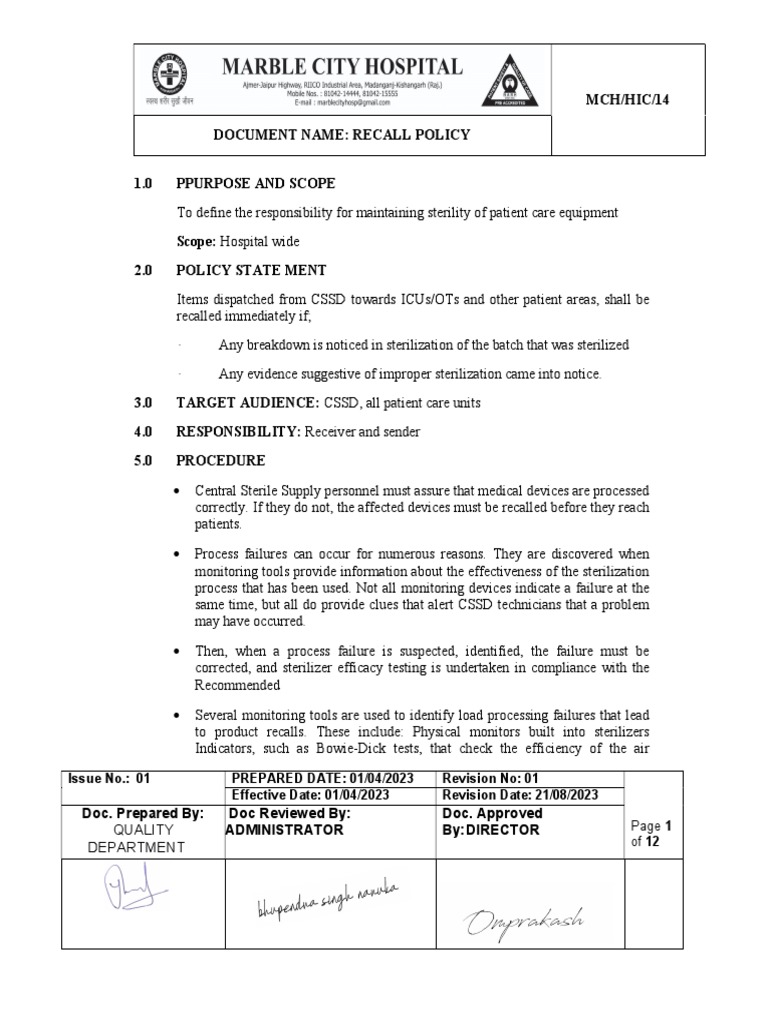 CSSD Recall Policy | PDF