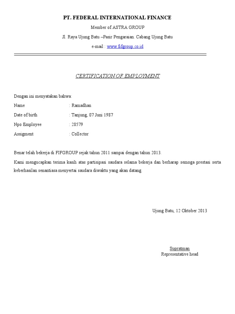 Surat Pengalaman Kerja Fif | PDF
