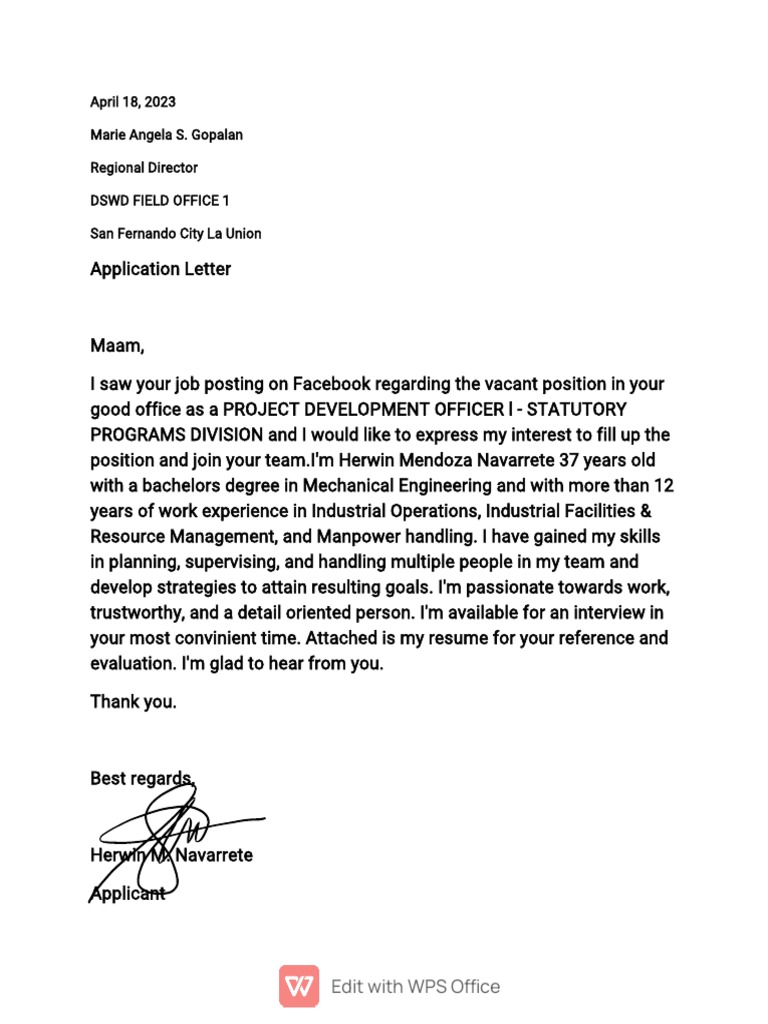 DSWD Application Letter | PDF