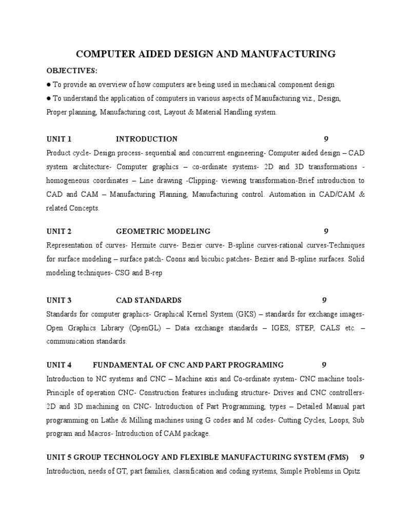Computer Aided Design and Manufacturing Syllabus | PDF