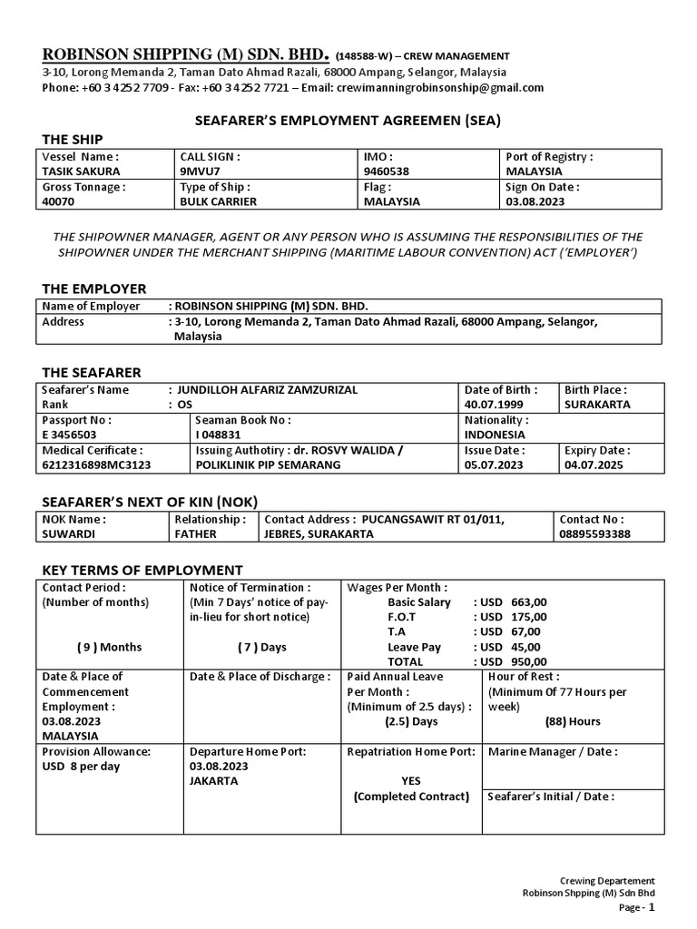 SEA AGREEMENT - Fariz - OS 03082023-2 | PDF