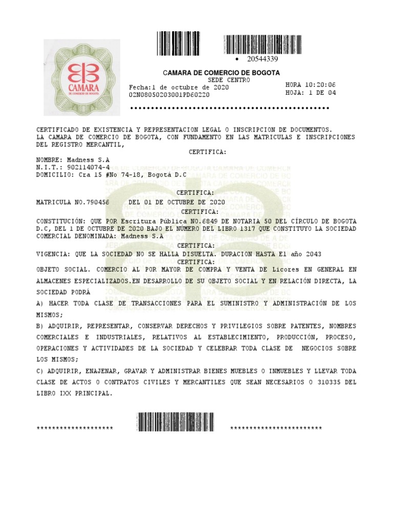 Documento Camara de Comercio de Bogotá | PDF