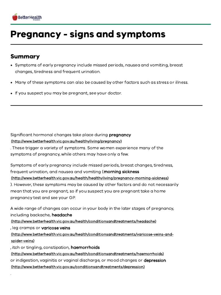 Pregnancy - Signs and Symptoms - Better Health Channel | PDF ...