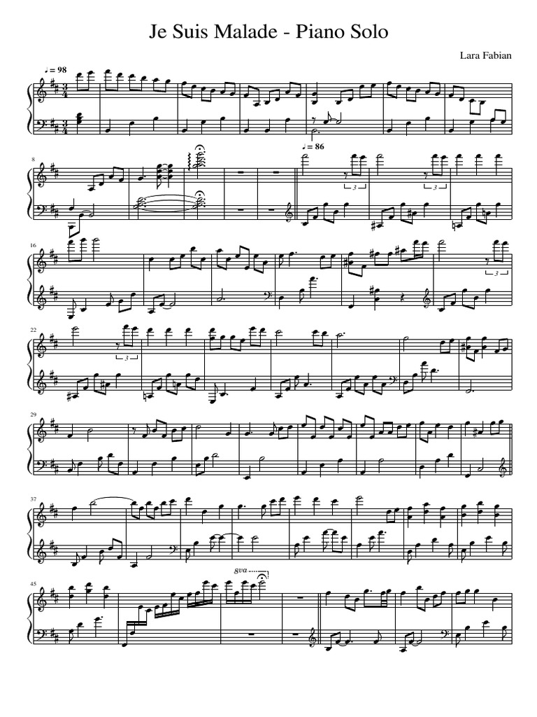 Lara Fabian - Je Suis Malade - Piano Solo | PDF