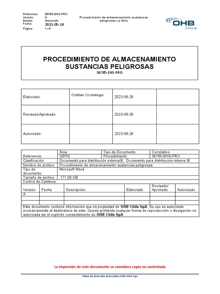 Procedimiento de Almacenamiento de Sustancias Peligrosas - 210518 | PDF