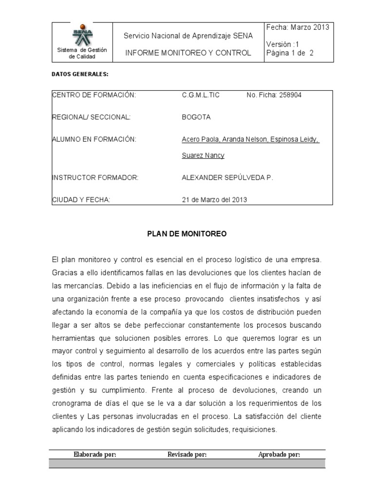 Informe de Monitoreo y Control - Final | Descargar gratis PDF | Marketing | Procesos de negocio