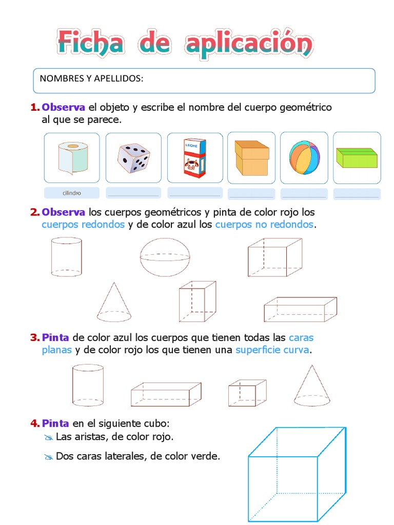 Cuerpos Geométricos Ficha de Aplicación | PDF | Métodos y materiales de ...
