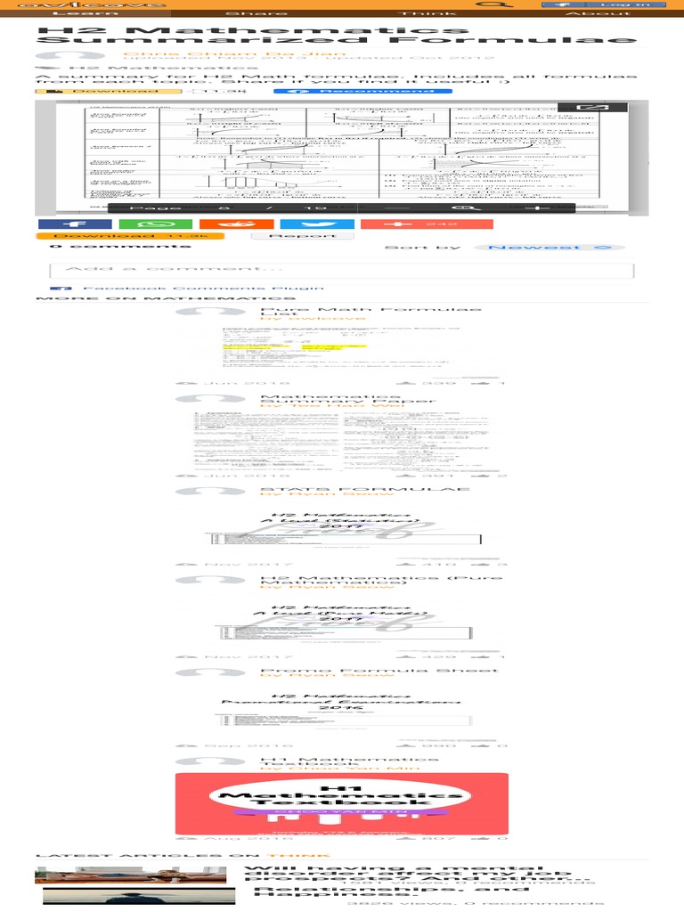 H2 Mathematics Summarized Formulae Owlcove - SG | PDF
