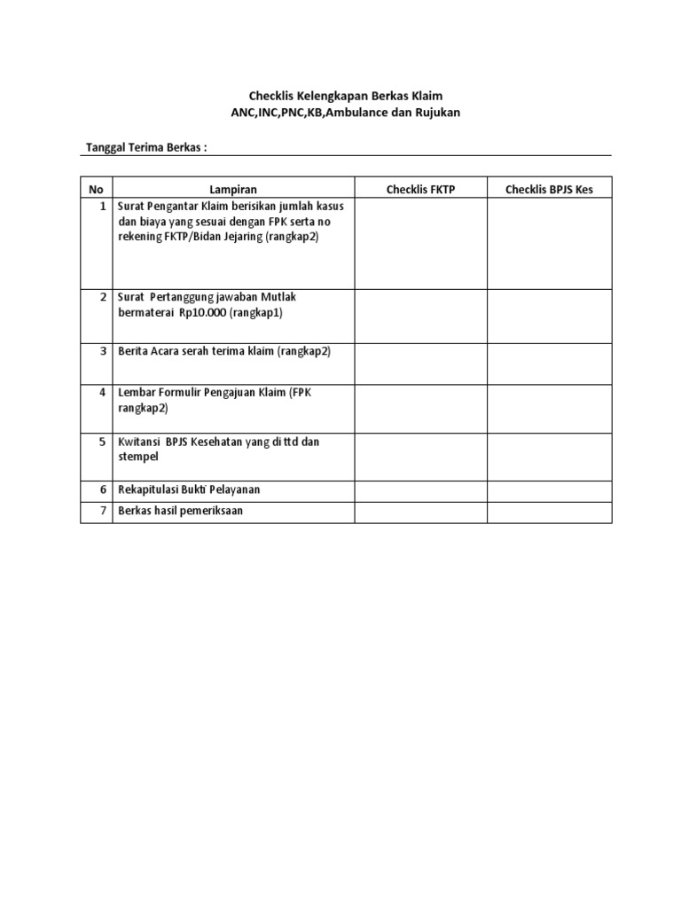 Format Checklist Kelengkapan Berkas Klaim BPJS | PDF