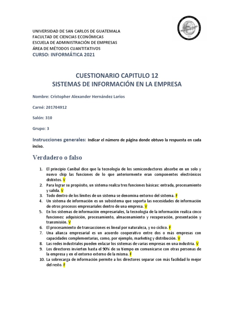 Cuestionario Capitulo 12 201704912 Cristopher Hernandez | PDF | Sistema de informacion | Business