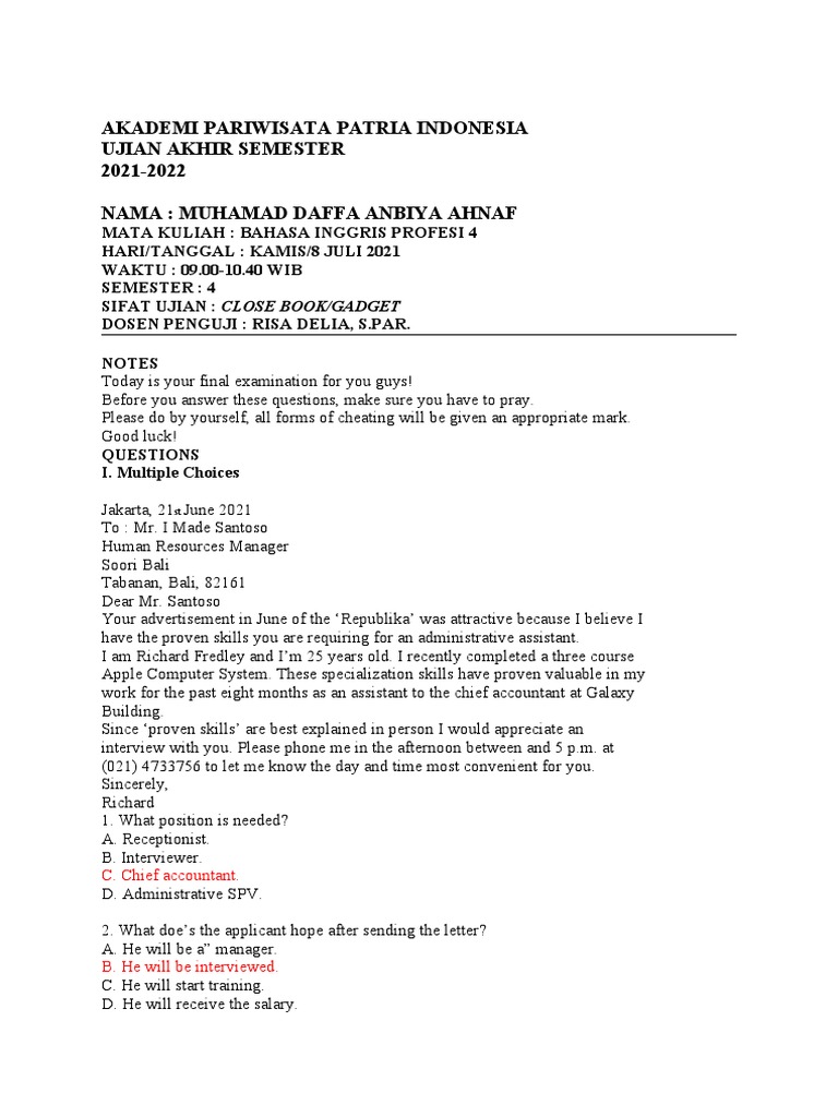 Uas Sms 4 Inggris Profesi | PDF