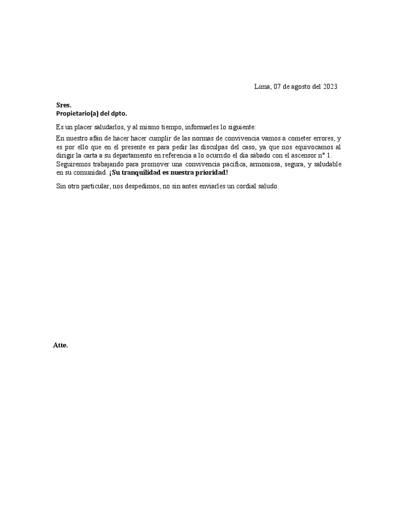 Carta Mal Uso de Ascensor | PDF