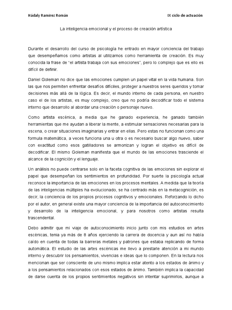 Ensayo La Inteligencia Emocional y El Proceso de Creacion Artistica | PDF Ensayo La Inteligencia Emocional y El Proceso de Creacion Artistica | PDF