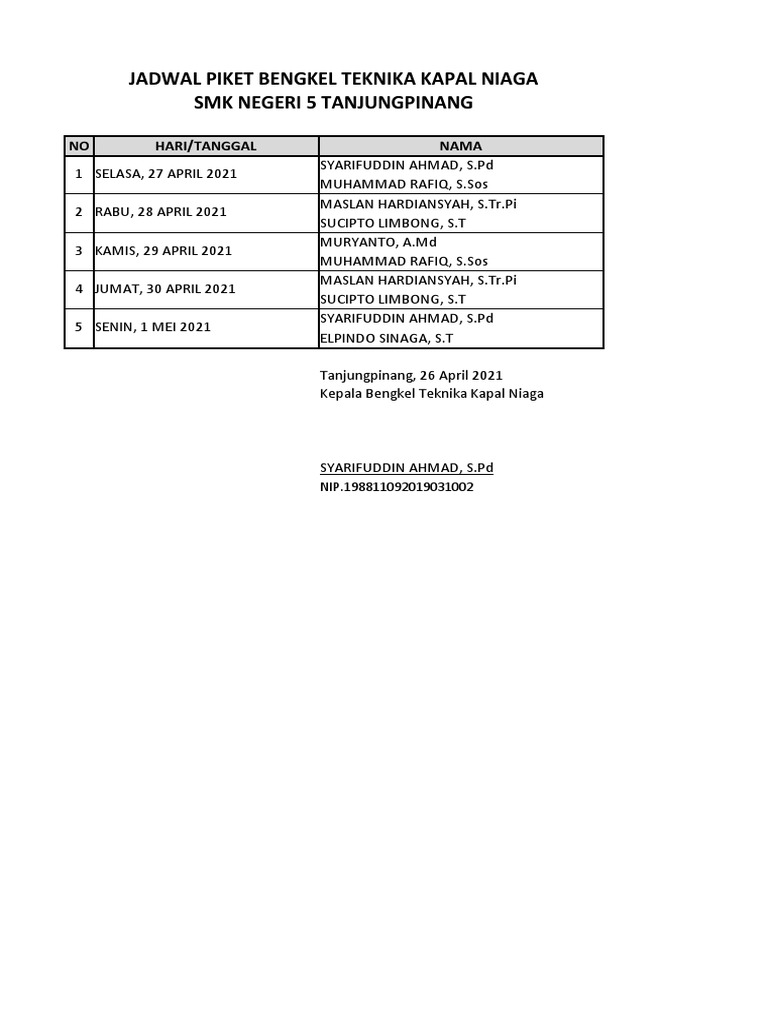 Jadwal Piket Bengkel Teknika Kapal Niaga | PDF