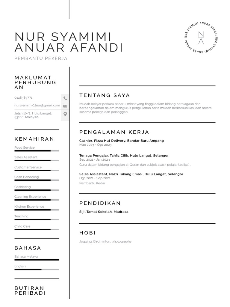 Nur Syamimi Anuar Afandi: Maklumat Perhubung AN Tentang Saya | PDF