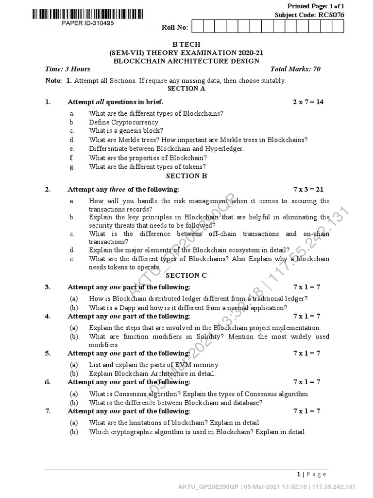 Btech Cs 7 Sem Blockchain Architecture Design rcs076 2021 | PDF