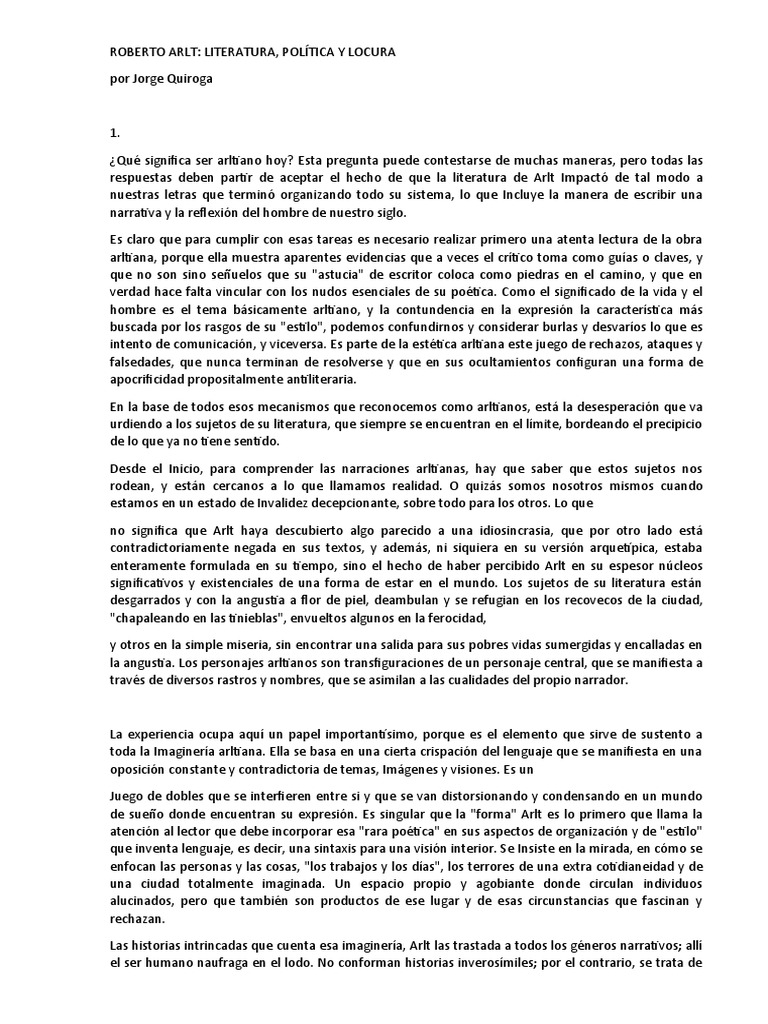 Roberto Arlt Literatura Politica y Locurat | PDF