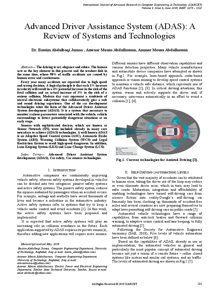 Advanced Driver Assistant System Adas A Review Of System And Technologies Pdf Lidar Radar