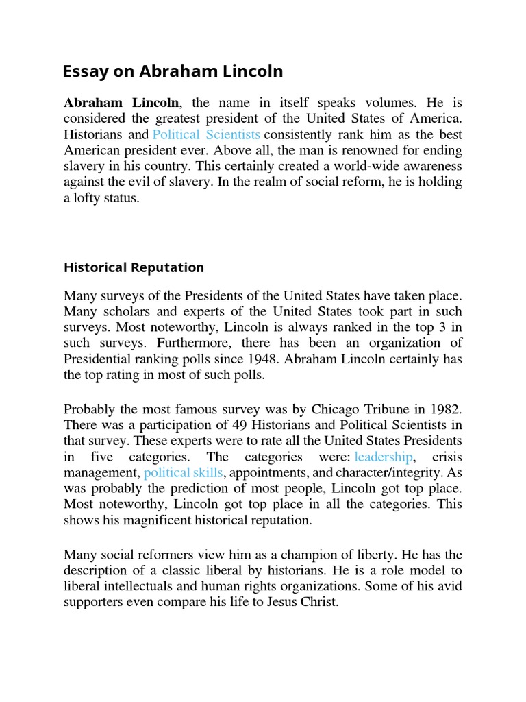 Essay On Abraham Lincoln | PDF | Abraham Lincoln | The United States