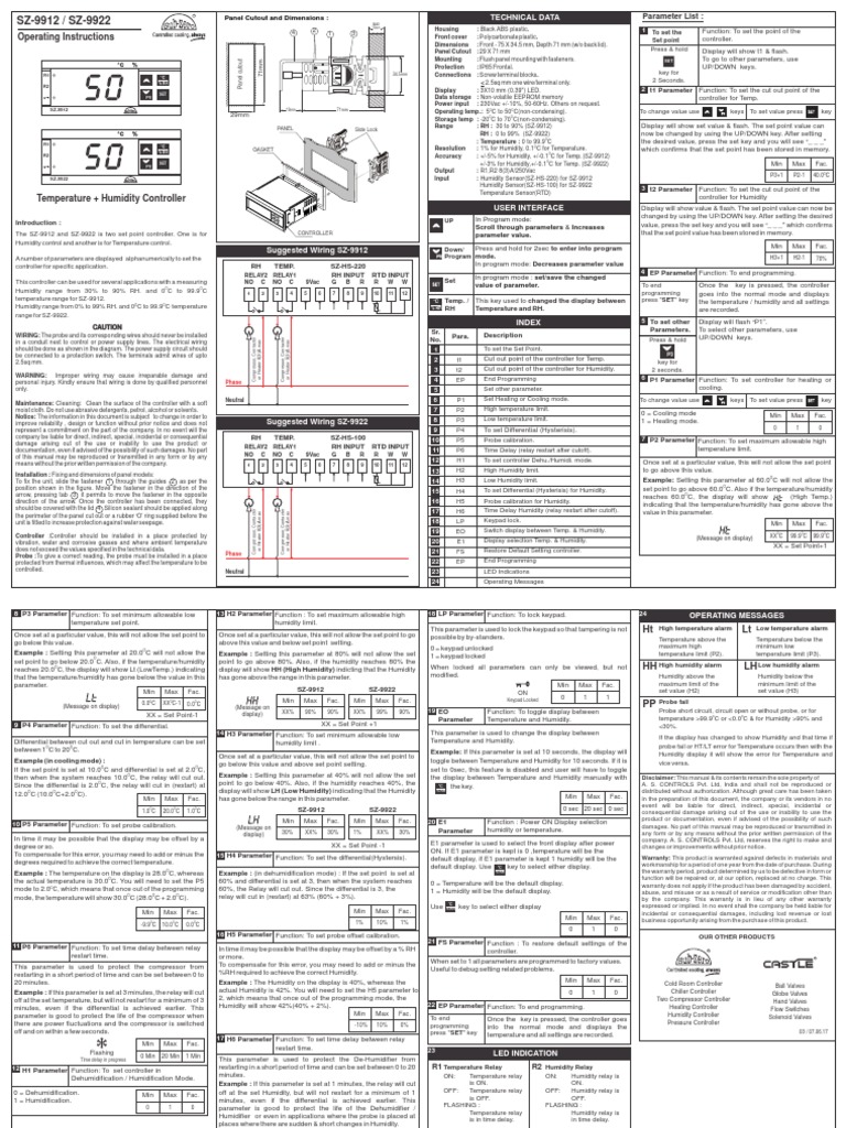 Subzero SZ 9912 9922 Temperature RH Controller | PDF | Manufactured Goods | Building Materials
