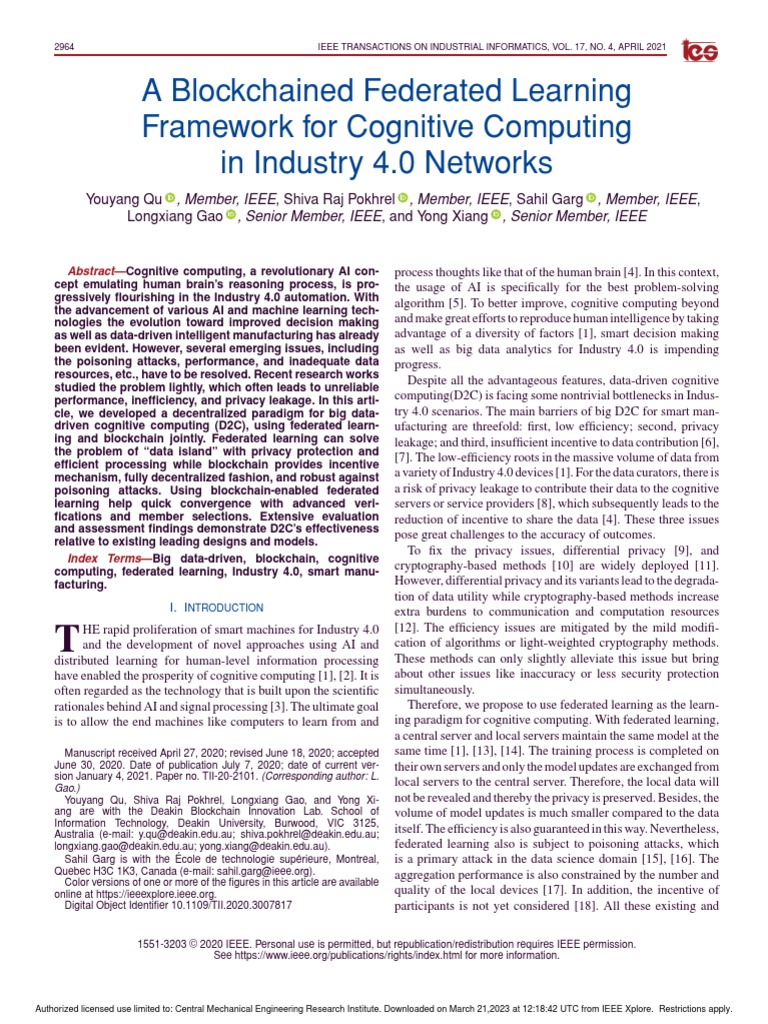 A Blockchained Federated Learning Framework For Cognitive Computing in Industry 4.0 Networks ...