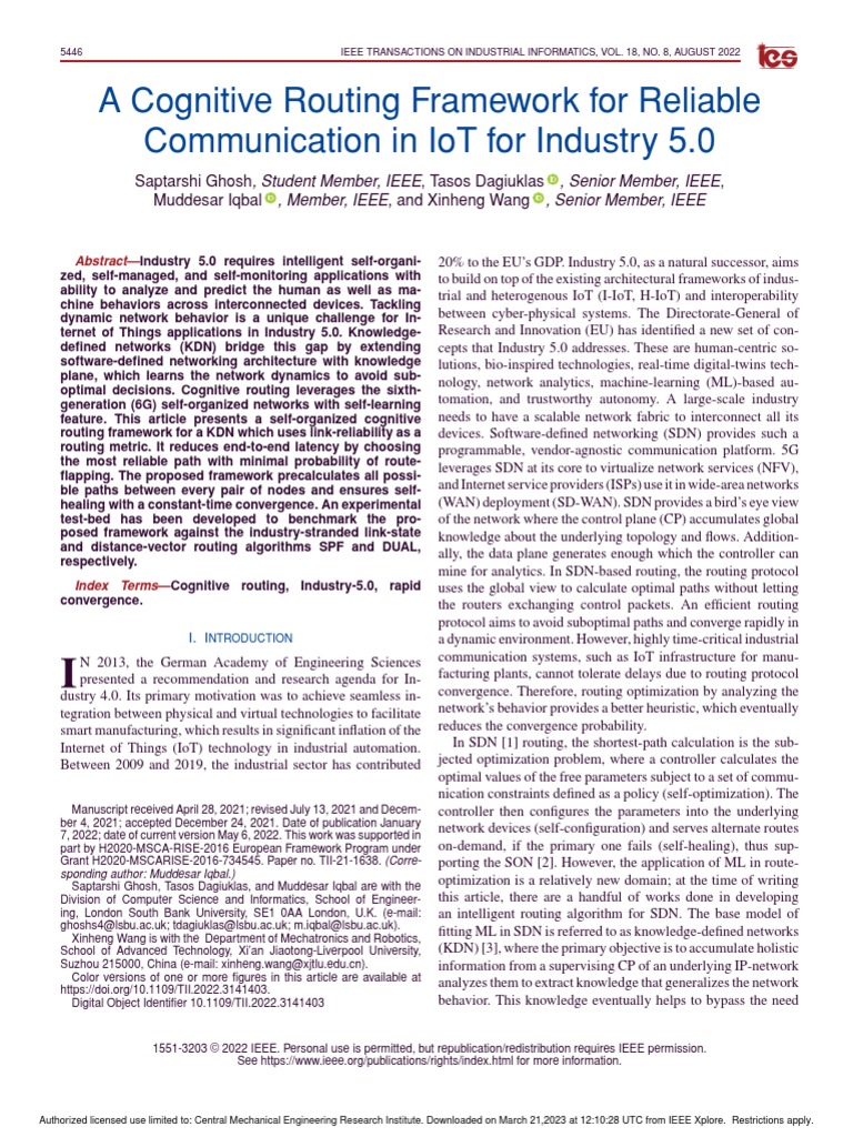 A Cognitive Routing Framework For Reliable Communication In Iot For Industry 5 0 Pdf