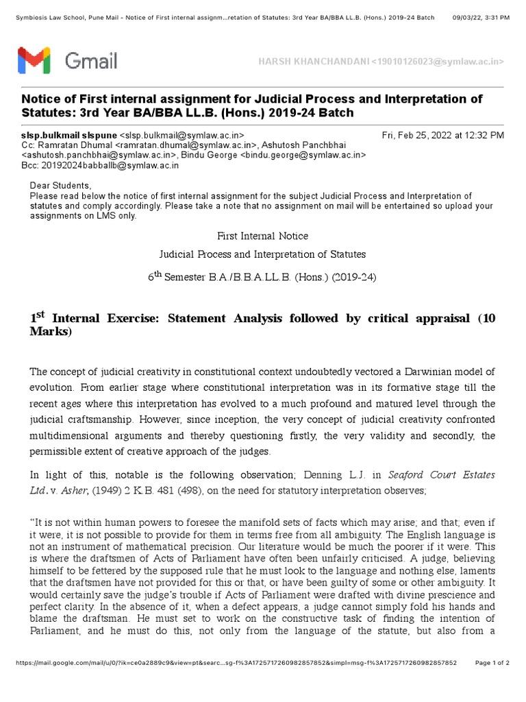 Notice of First Internal Assignment For Judicial Process and ...